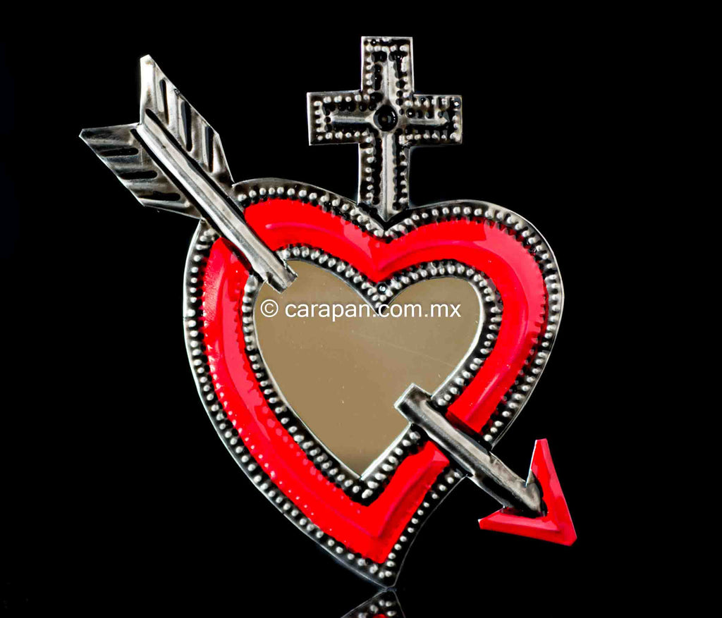 Mexican Tin Mirror Sacred Heart Milacro with Cross & Arrow Oaxacan Art – CARAPAN, MEXICAN ART ...